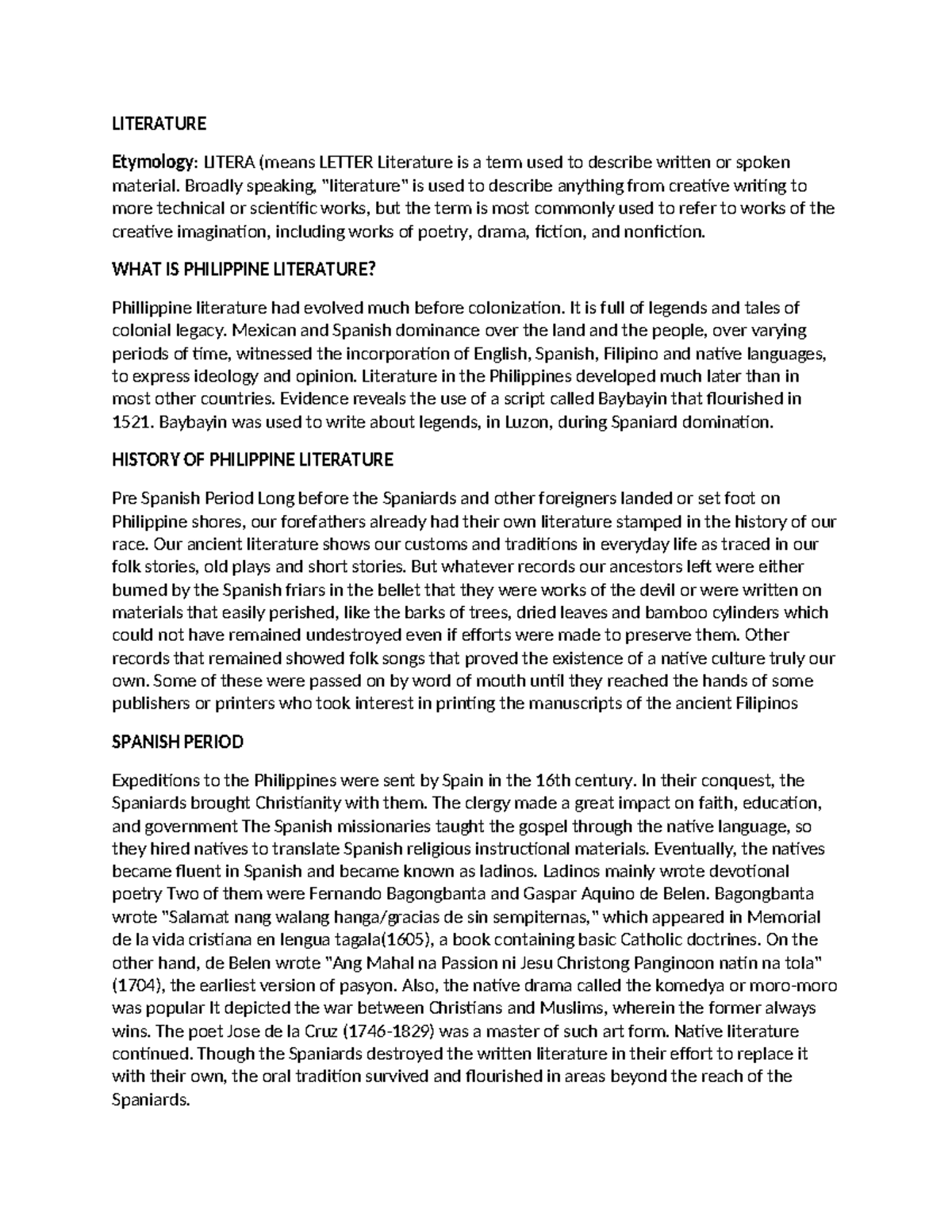 Philippine Literature: Historical Evolution and Genres (LIT101) - Studocu