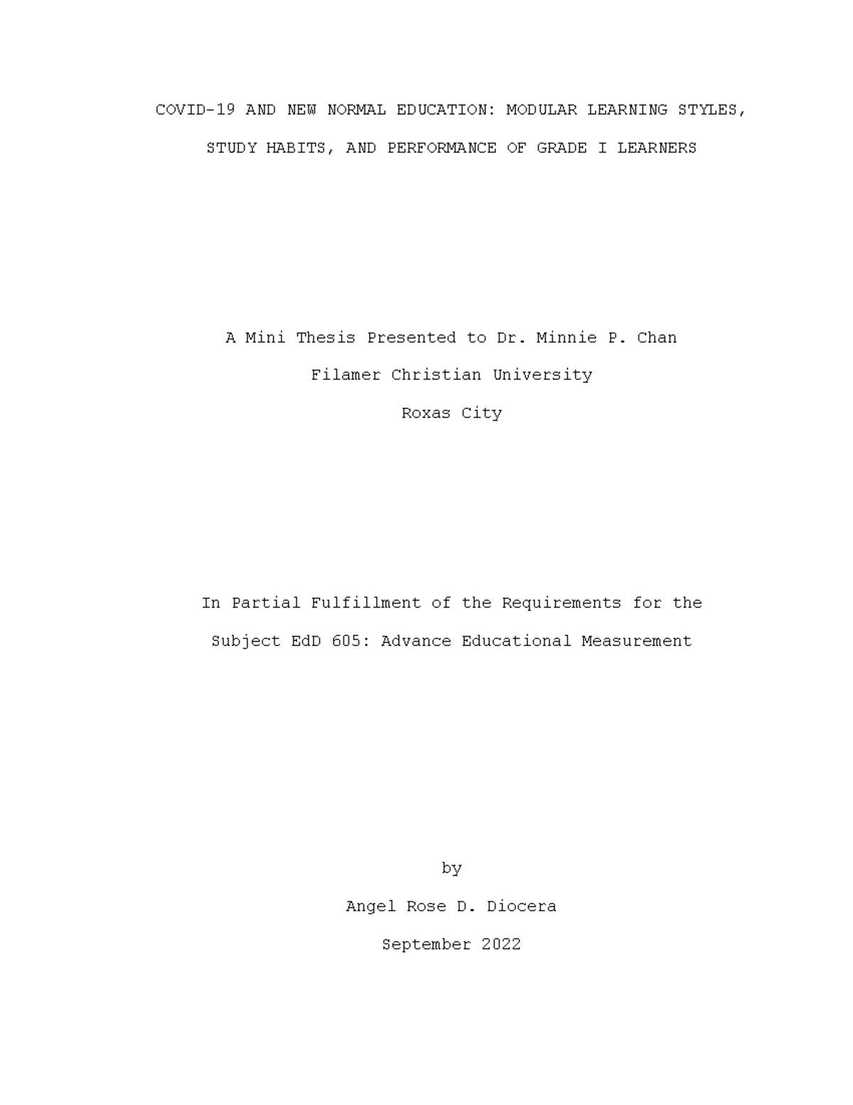 EdD 605 Mini Thesis: Impact of Modular Learning on Grade I Performance ...