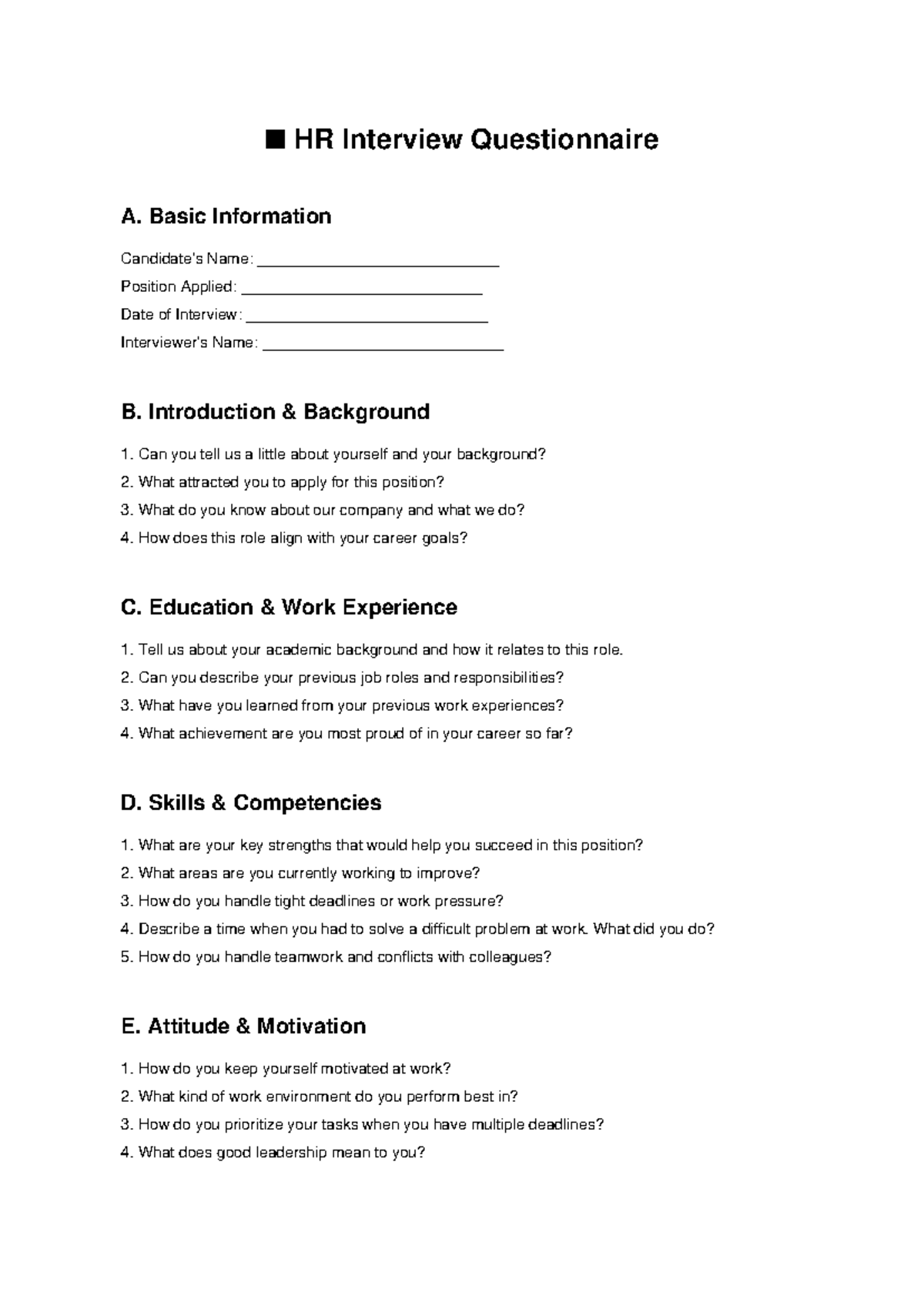HR Interview Questionnaire: Key Questions & Insights - Studocu