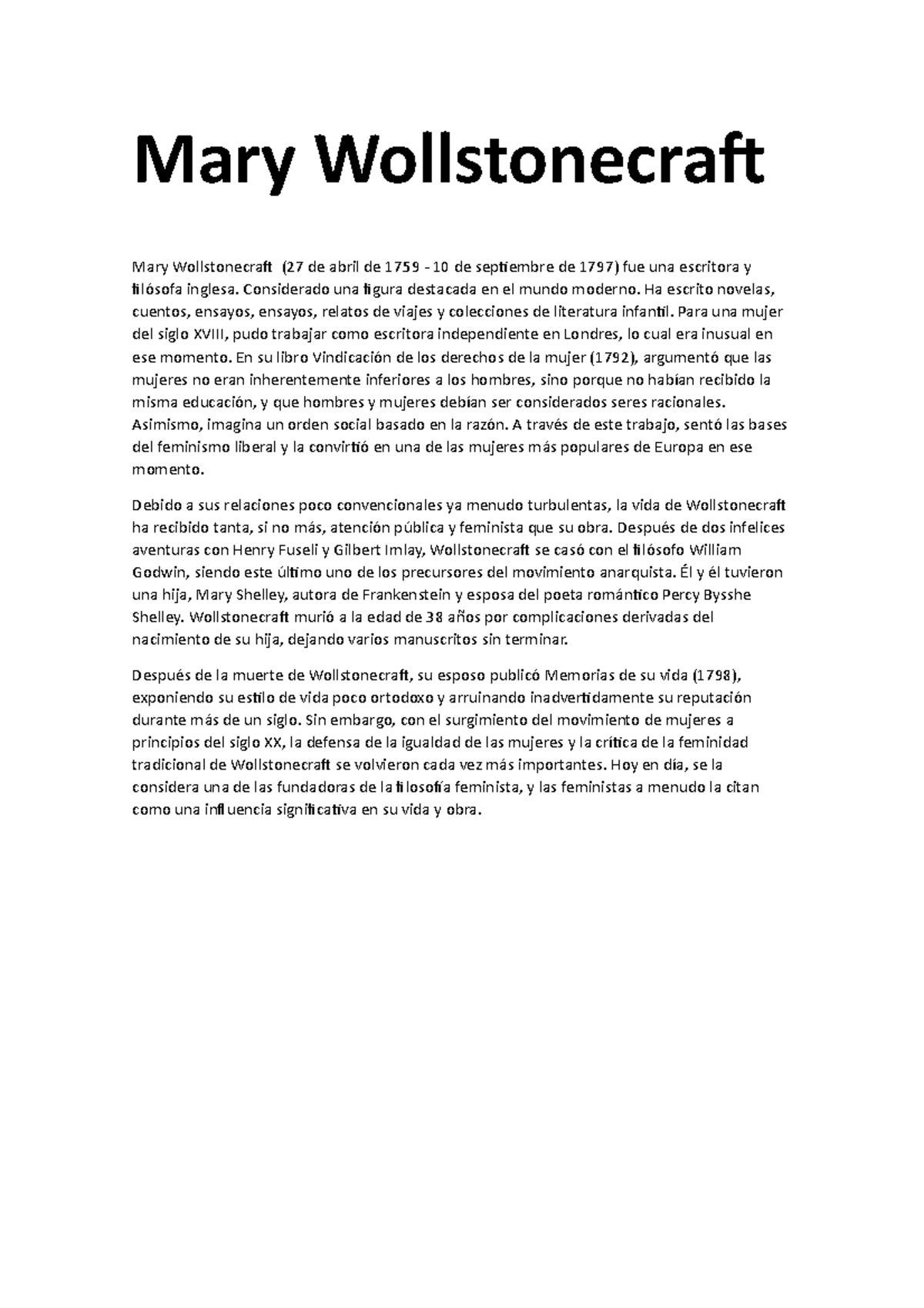 - vida de Mary Wollstonecraft - Mary Wollstonecraf Mary Wollstonecraft ...