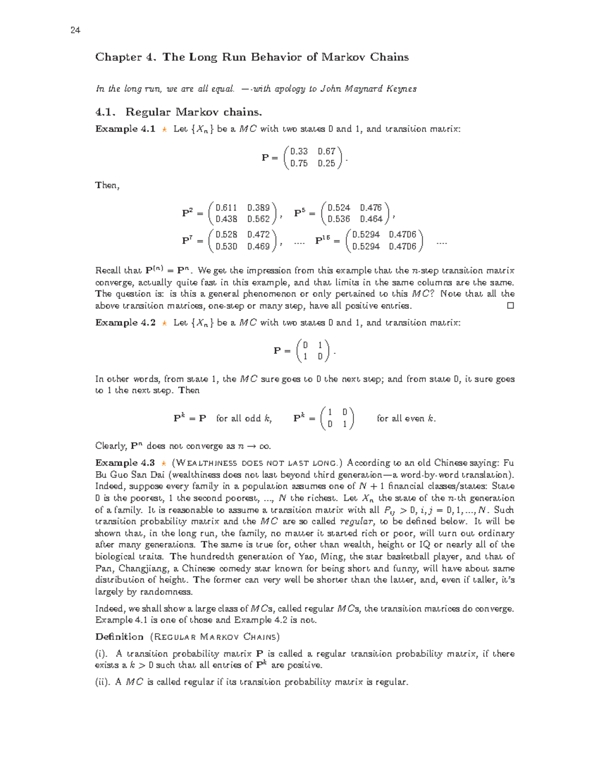 Markov Chains: Long Run Behavior - Chapter 4 (Course Code: Chap4part1 ...