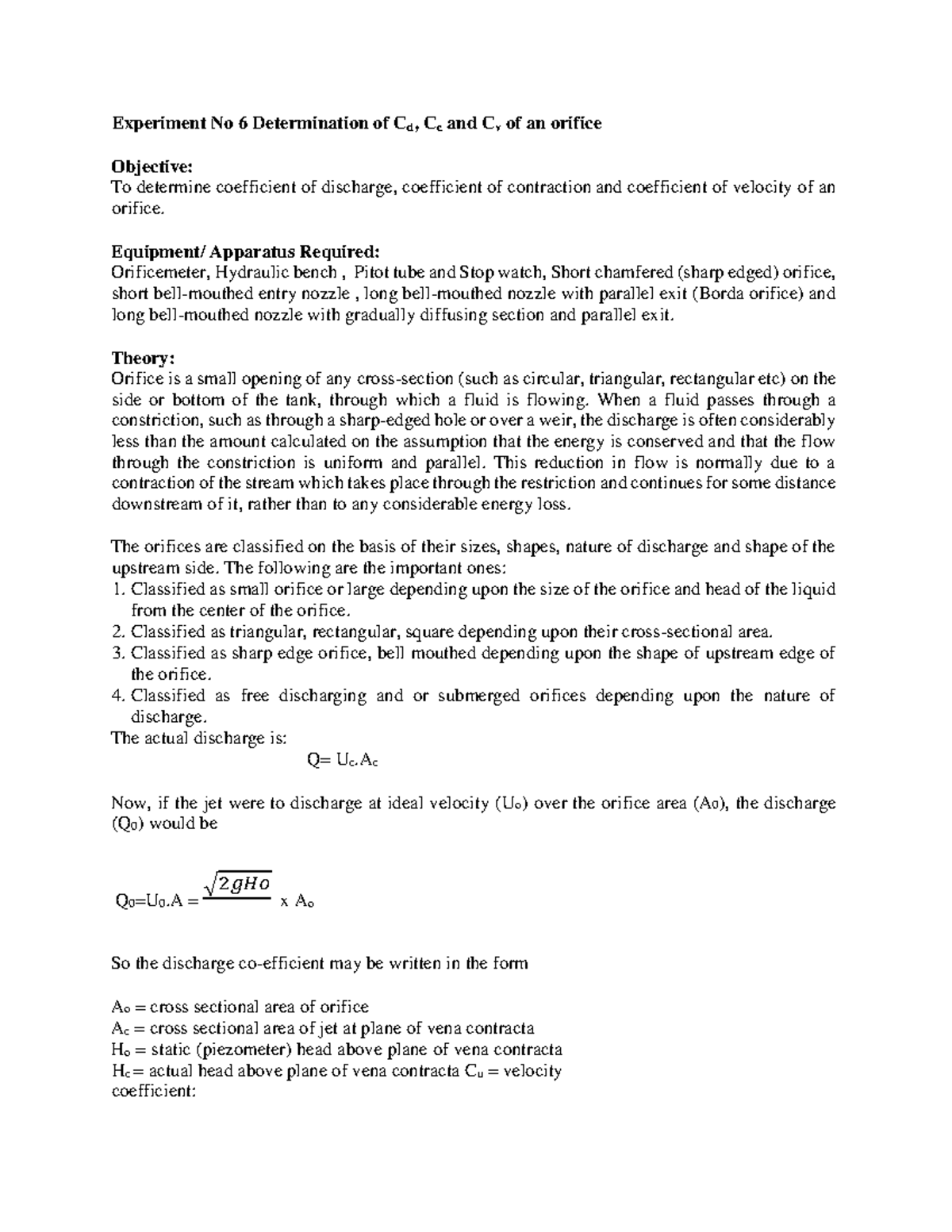 Experiment No 6: Measuring Cd, Cc, and Cv of Orifices and Nozzles - Studocu