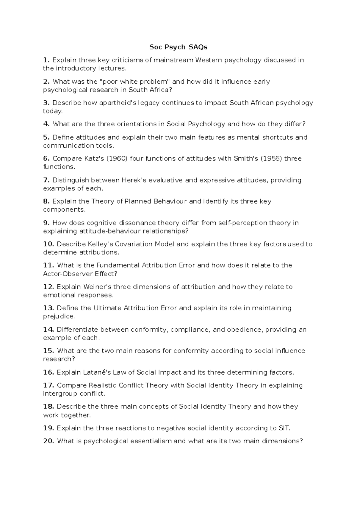 Soc Psych SAQs - Key Concepts and Critiques for Exam Preparation - Studocu