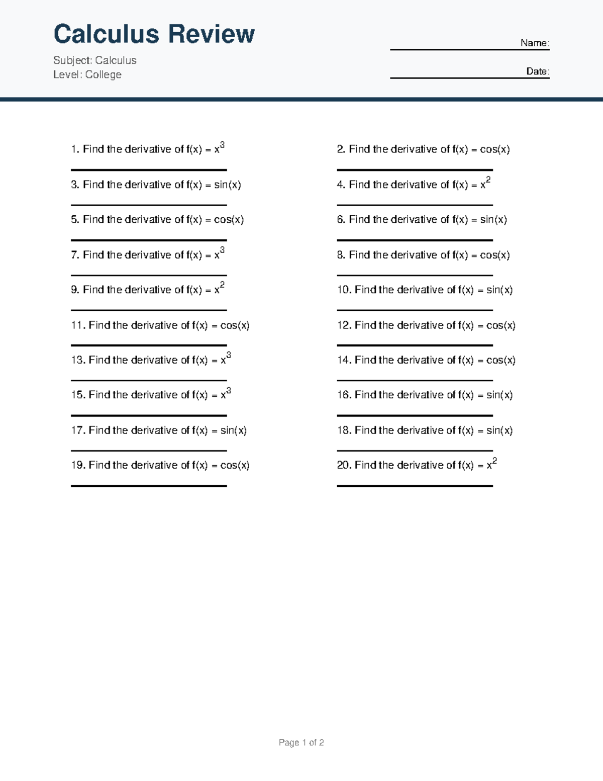 Calculus Review: Derivatives & Word Problems (Calc 101) - Studocu