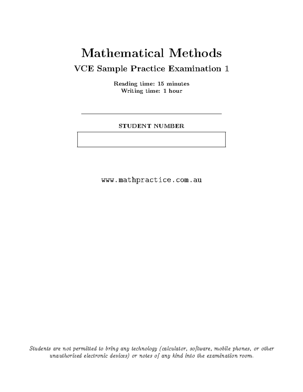 Mathematical Methods VCE Exam Practice - Sample Exam 1 - Studocu
