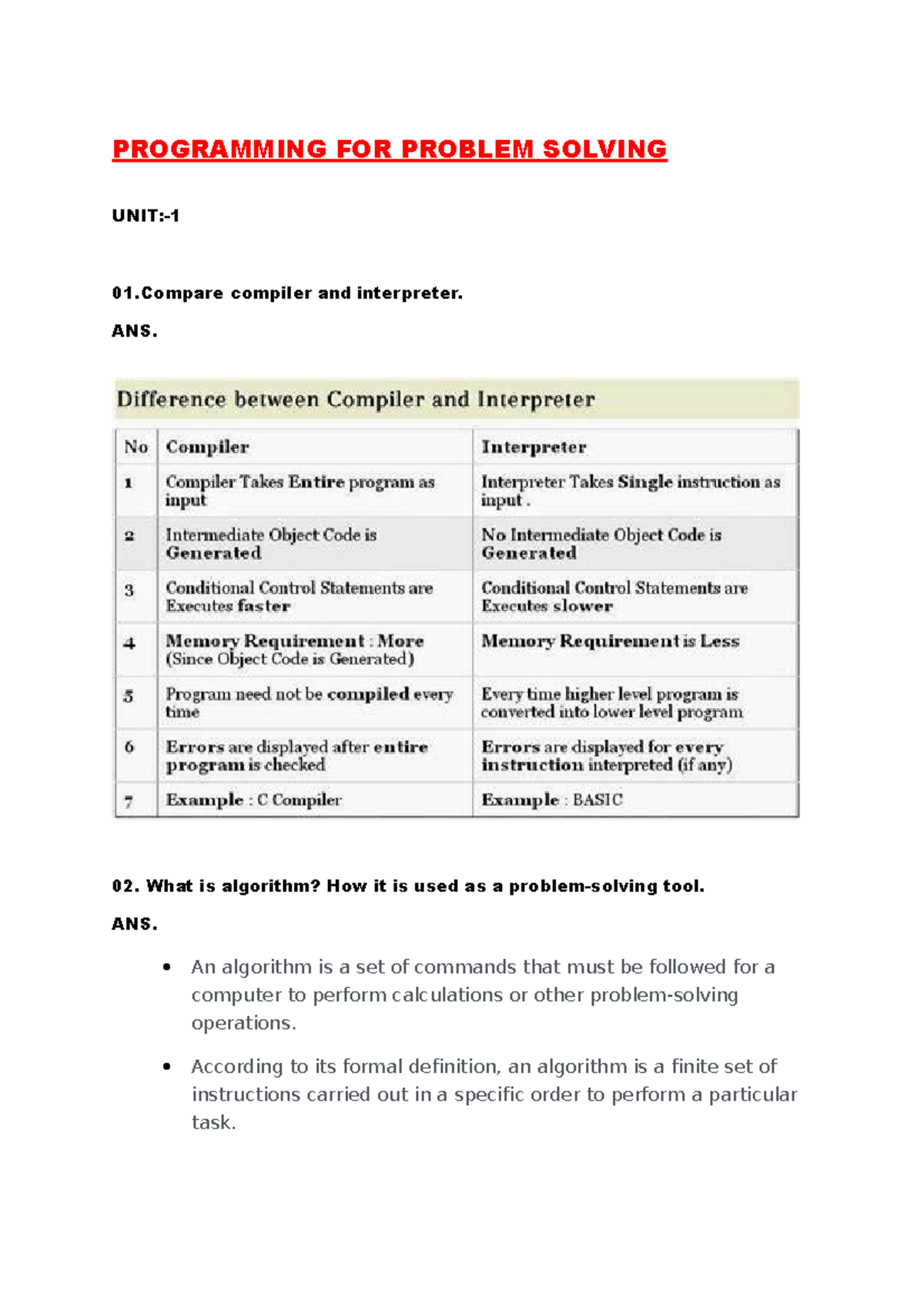 PPS Short Study Material - PROGRAMMING FOR PROBLEM SOLVING UNIT:- 01 ...