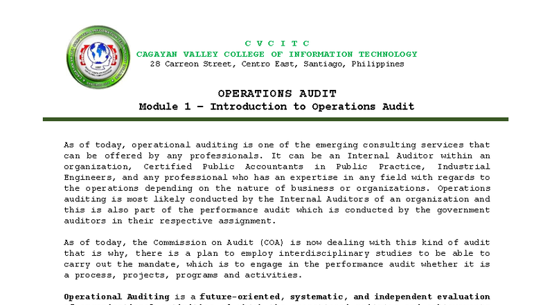 Acctg 020 Module 1: Intro to Operations Audit Overview - Studocu