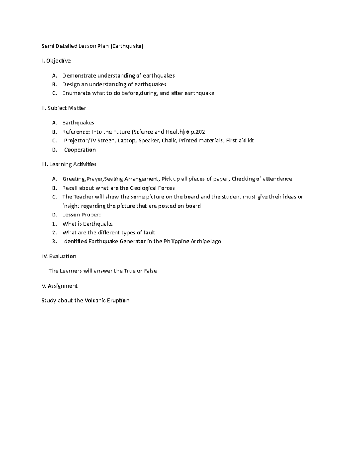 Semi-Detailed Lesson Plan on Earthquakes (Science 6) - Studocu