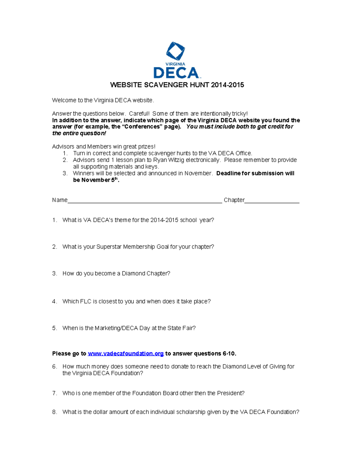 DECA Scavenger Hunt 2014: Explore Virginia DECA Website - Studocu