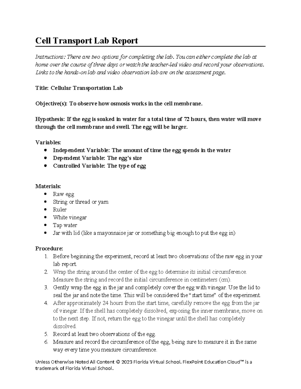 2.04 Cell Transport Lab Report: Osmosis in Raw Eggs Experiment - Studocu