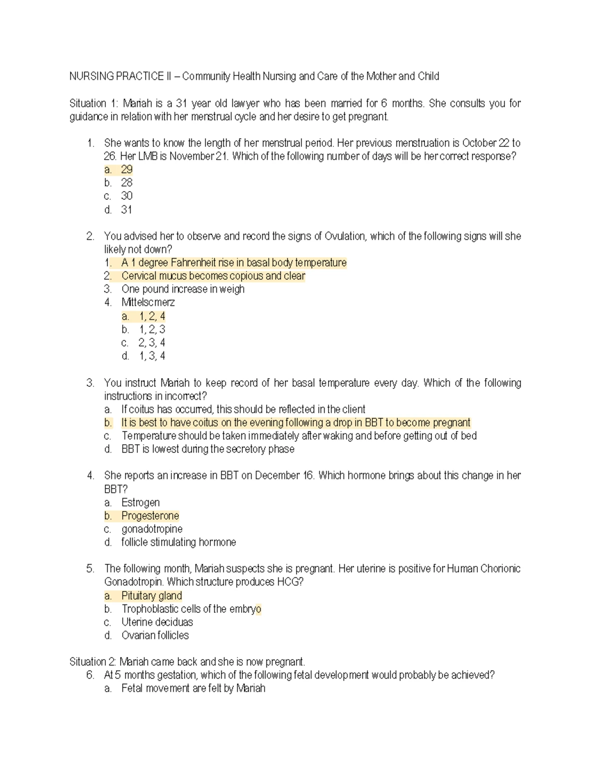 Nursingpracticeiii - practice test - NURSING PRACTICE III – CARE OF THE ...