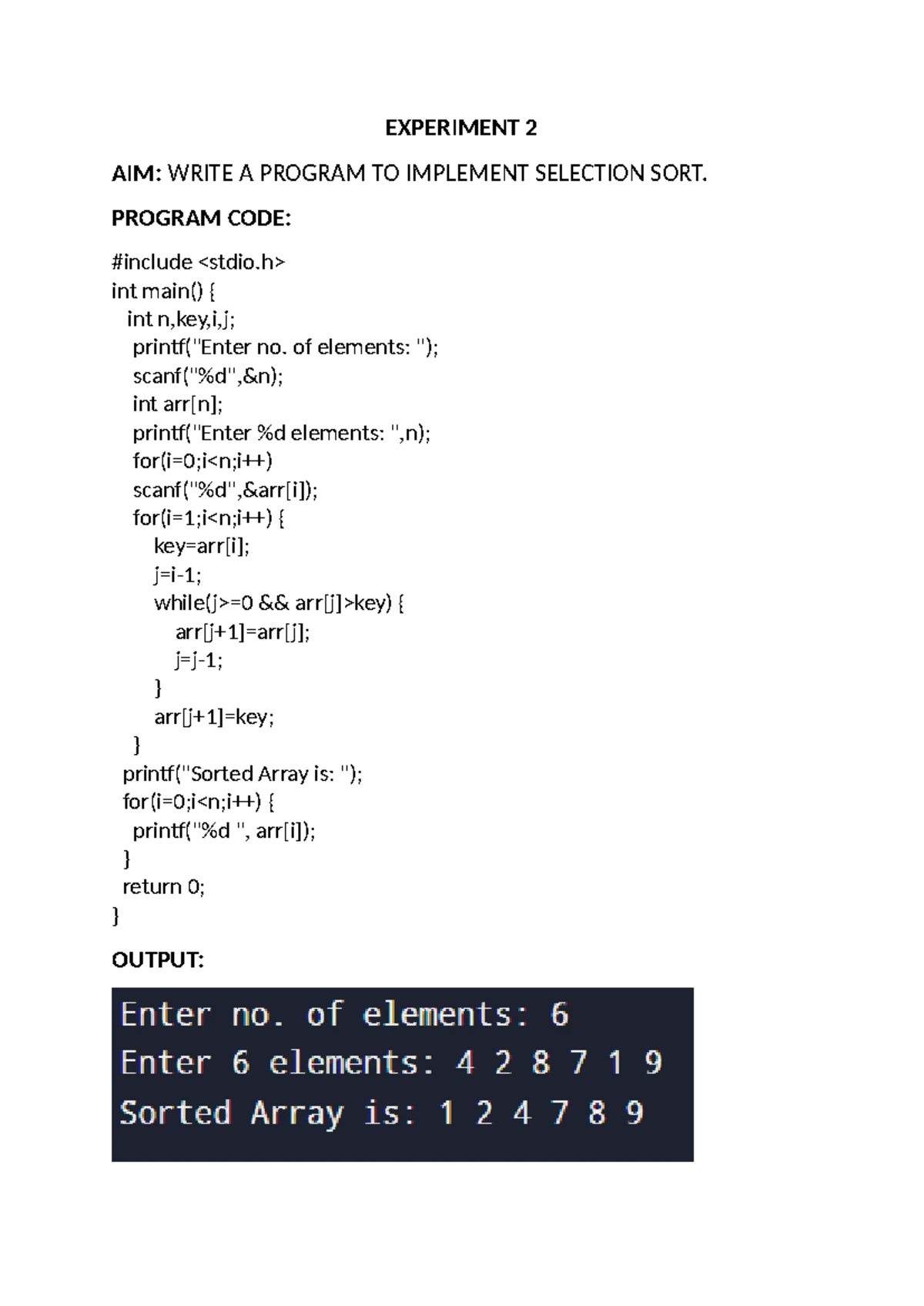 selection sort code - EXPERIMENT 3 AIM: WRITE A PROGRAM TO IMPLEMENT ...