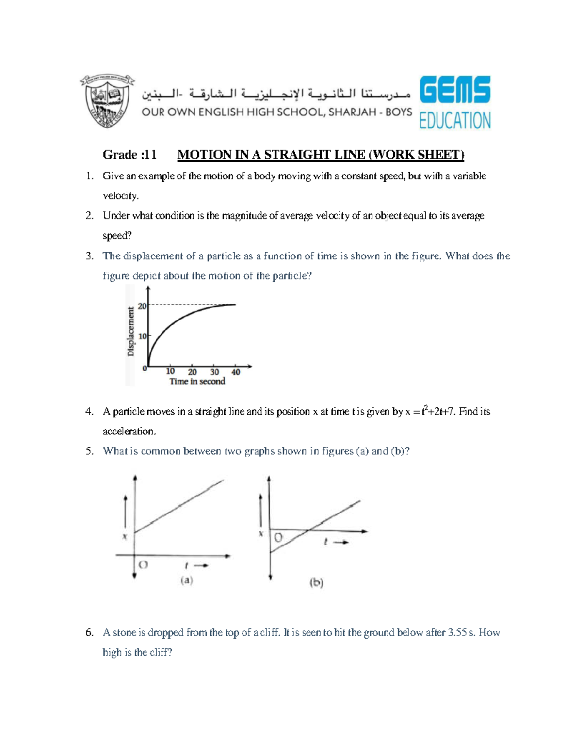Grade 11 Physics: Motion in a Straight Line Worksheet - Studocu