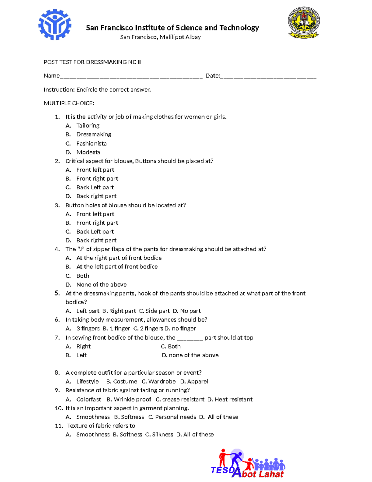 POST TEST FOR DRESSMAKING NC II - MULTIPLE CHOICE QUESTIONS - Studocu