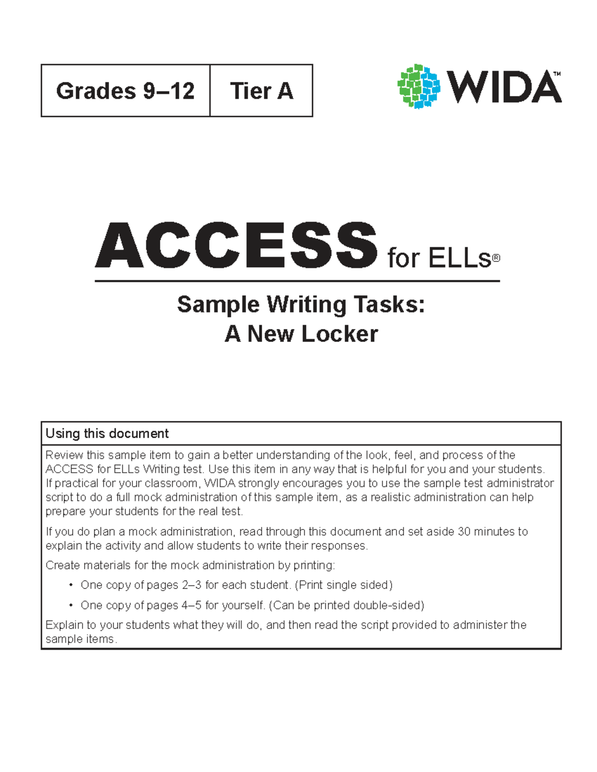 Grades Tier A ACCESS for ELLs Writing Sample: A New Locker - Studocu