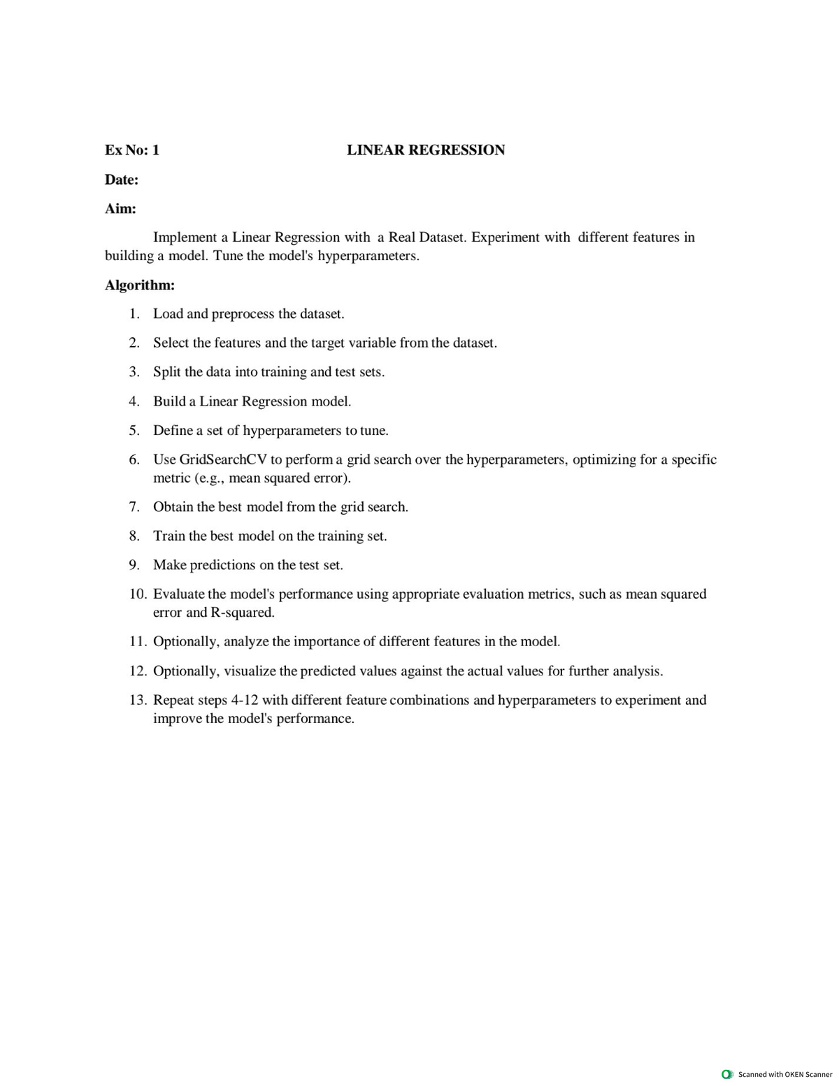 Machine Learning LAB Manual: Linear Regression Implementation - Studocu