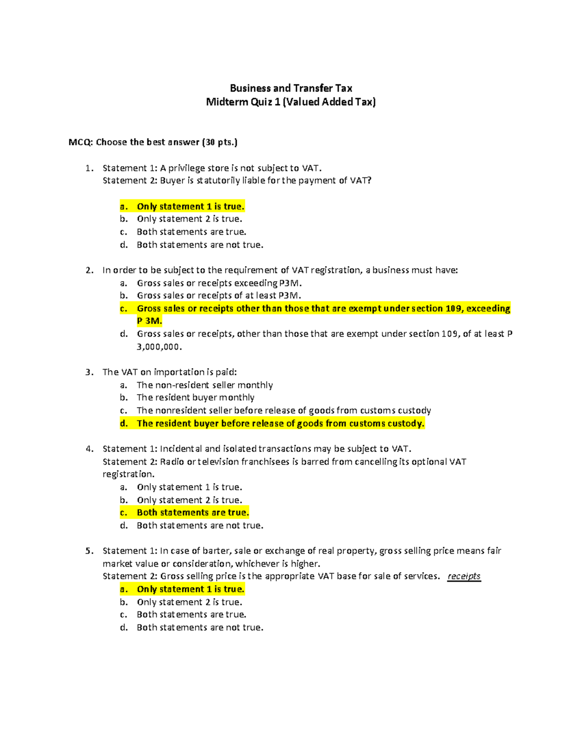 Business and Transfer Tax Midterm Quiz 1: VAT MCQs and Solutions - Studocu