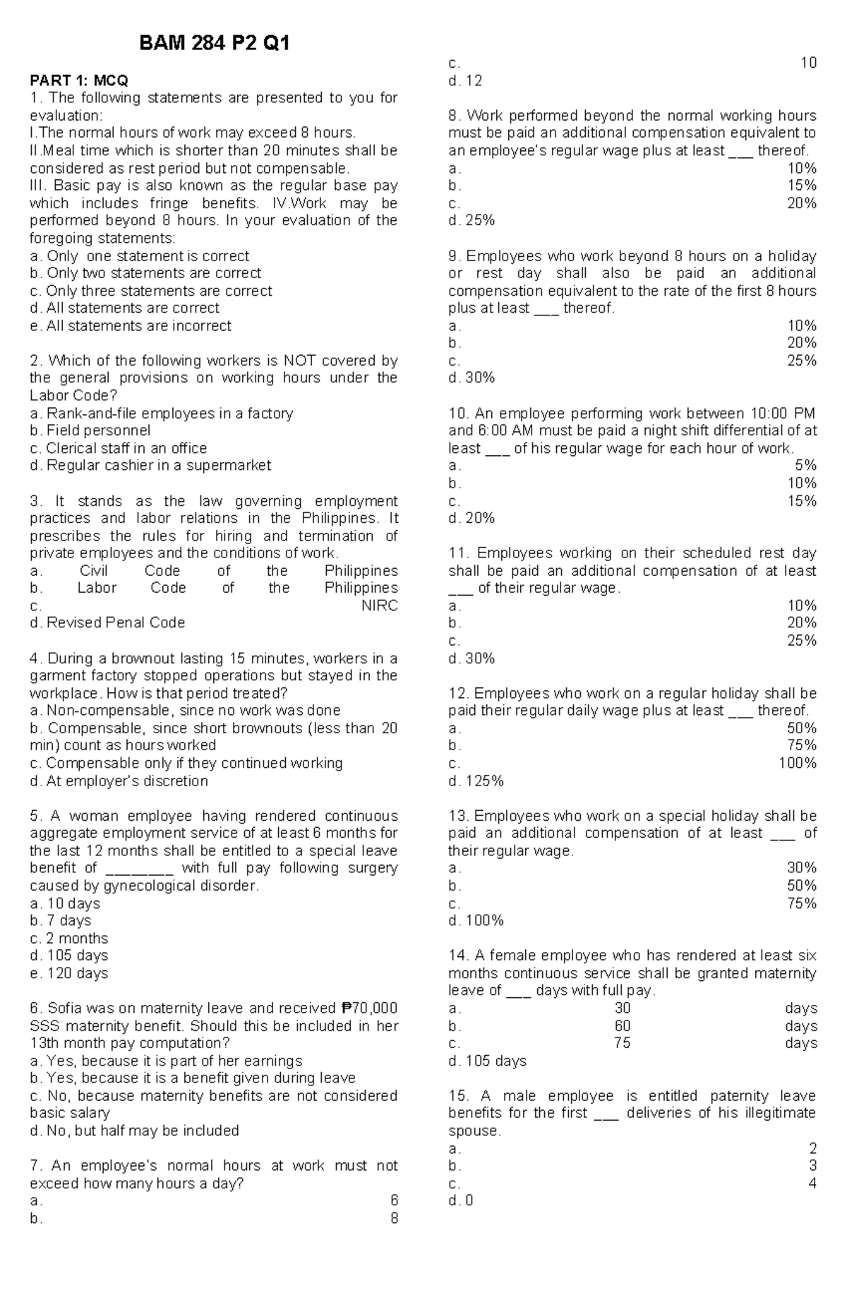 BAM 284 P2 Q1: MCQs on Labor Code Theories and Regulations - Studocu