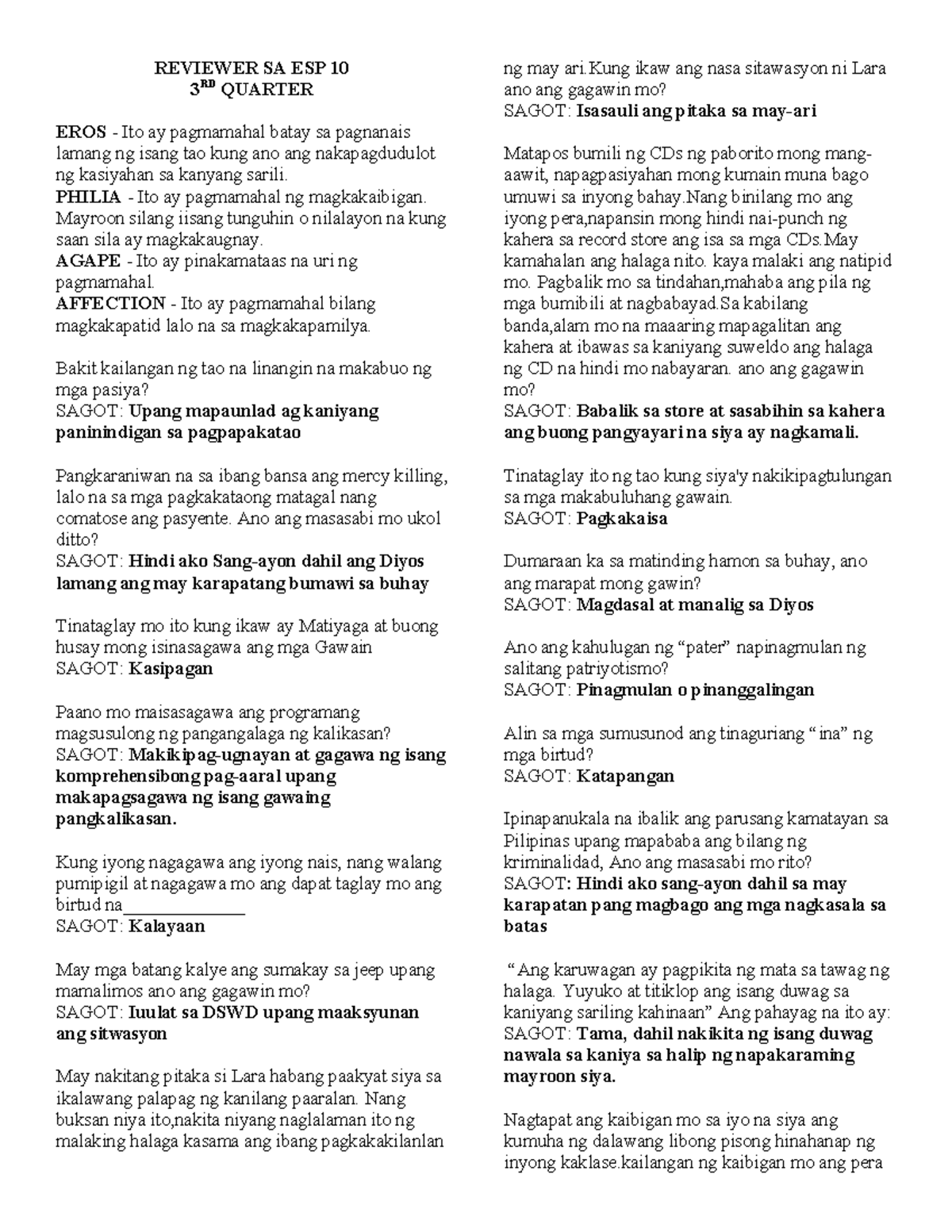 ESP 10 3rd Quarter Reviewer: Key Concepts and Reflections - Studocu