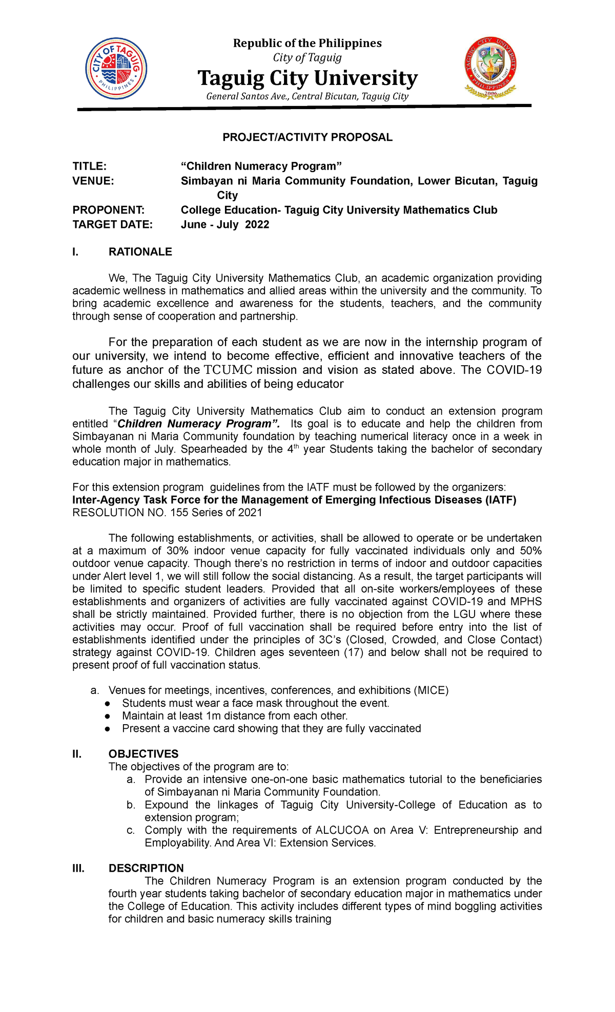 Children Numeracy Program Proposal - MATH Extension Initiative - Studocu