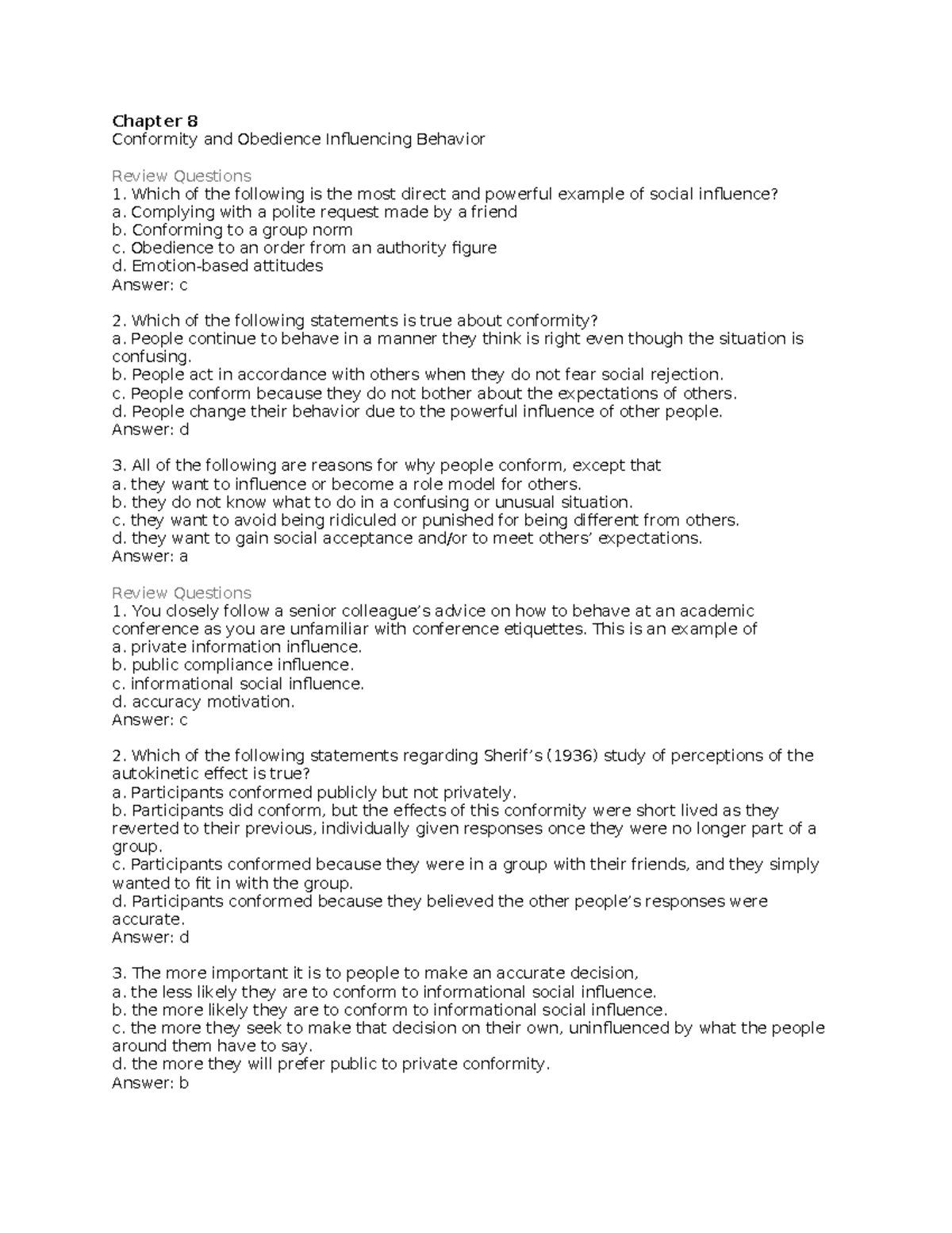 Chapter 8 Review Conformity And Obedience Q A Analysis Studocu
