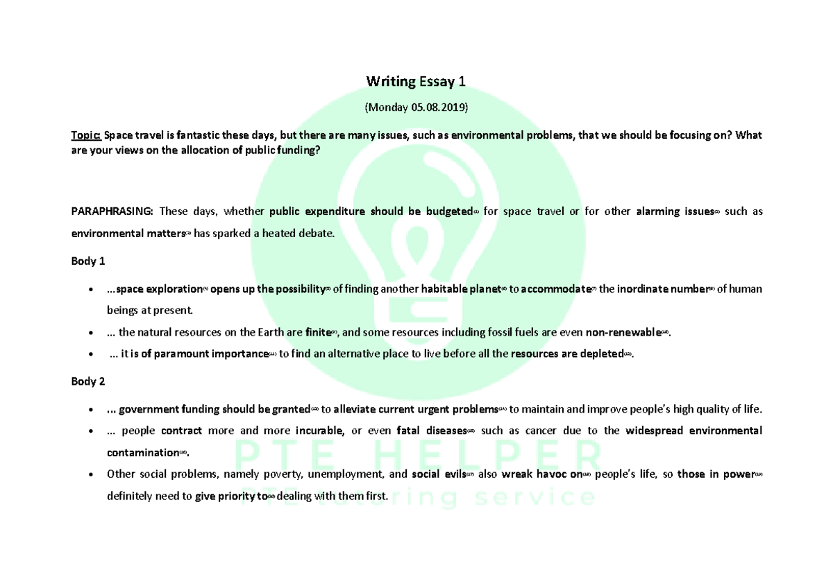 Essay 1: Space Travel vs. Environmental Issues - DFF - Studocu