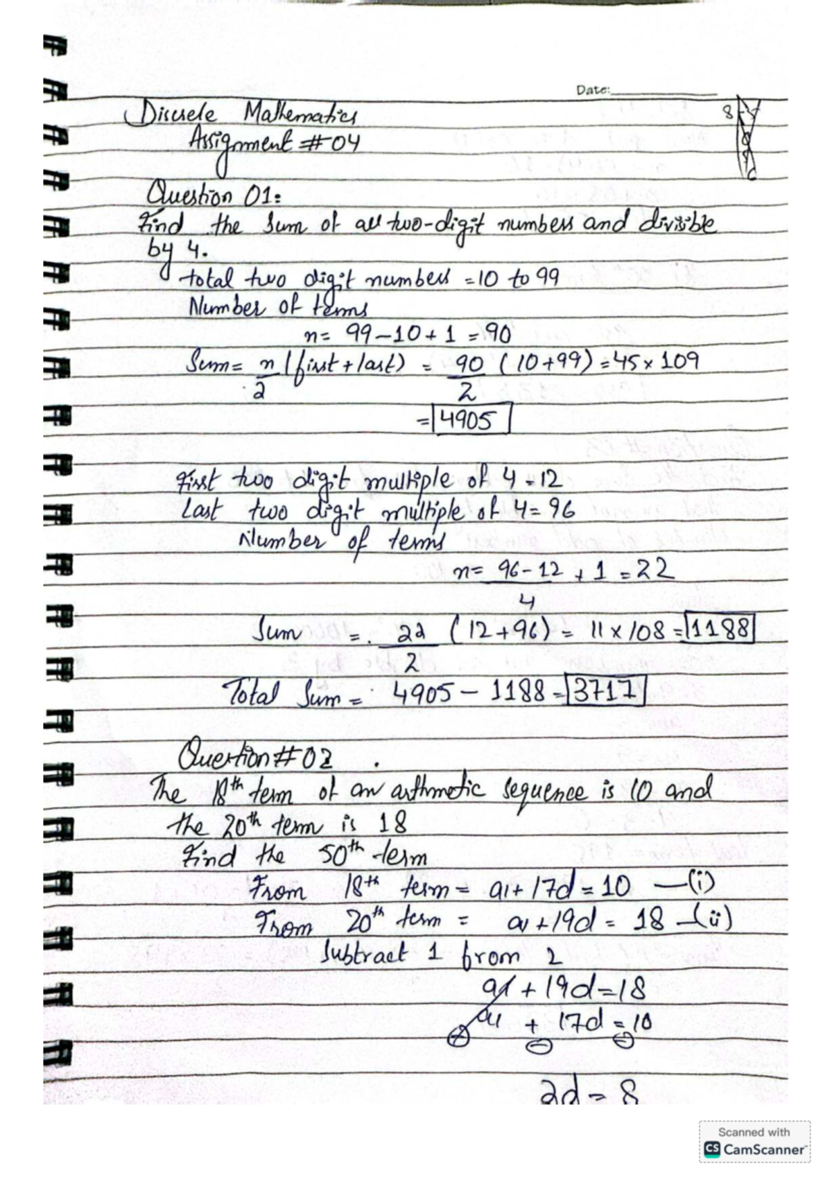 Discrete Mathematics 8 - Assignment on Arithmetic Sequences and Sums ...