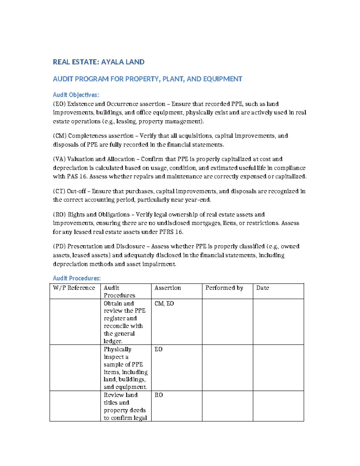 Audit Program for PPE - Real Estate Operations at Ayala Land - Studocu