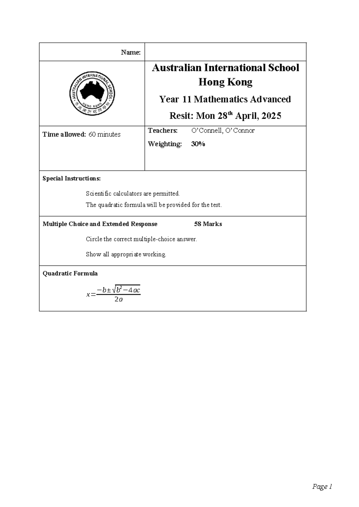Year 11 Adv Maths Resit Test 1: Quadratics & Functions 2025 - Studocu