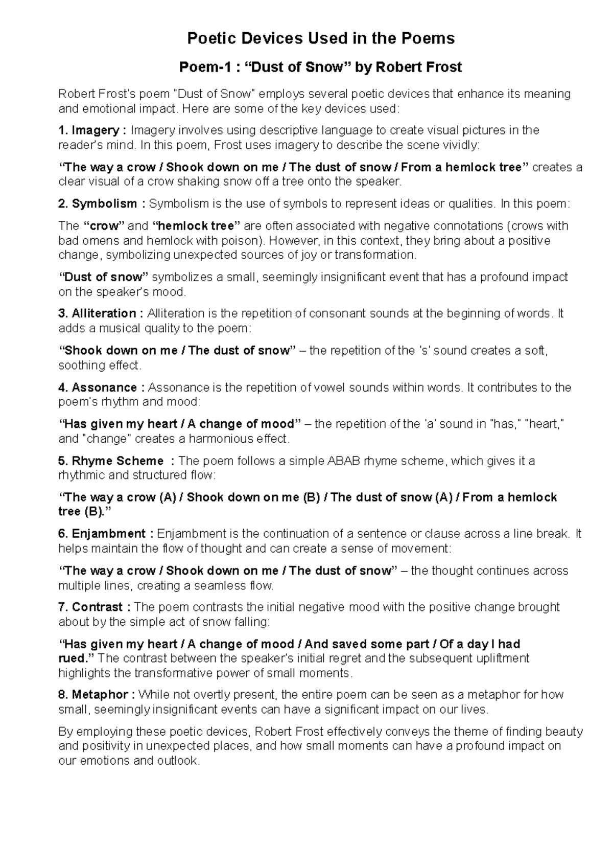 Poetic Devices Explained: Class X Poems Analysis - Studocu