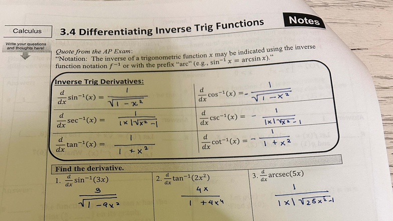 Calculus 3.4 Inverse Trig Functions: Derivatives and Practice Notes ...