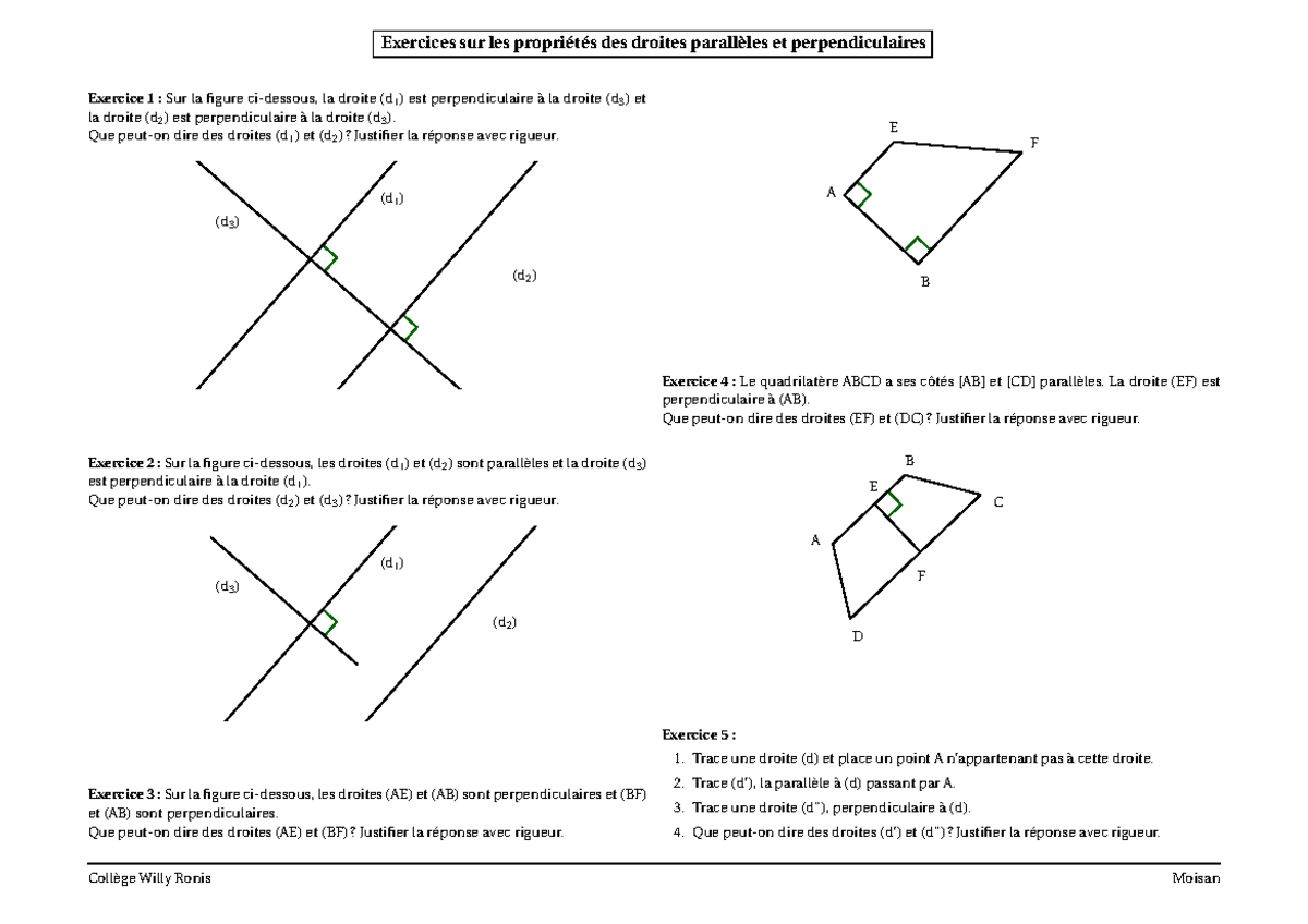 Exercices sur les Propriétés des Droites Parallèles et Perpendiculaires ...