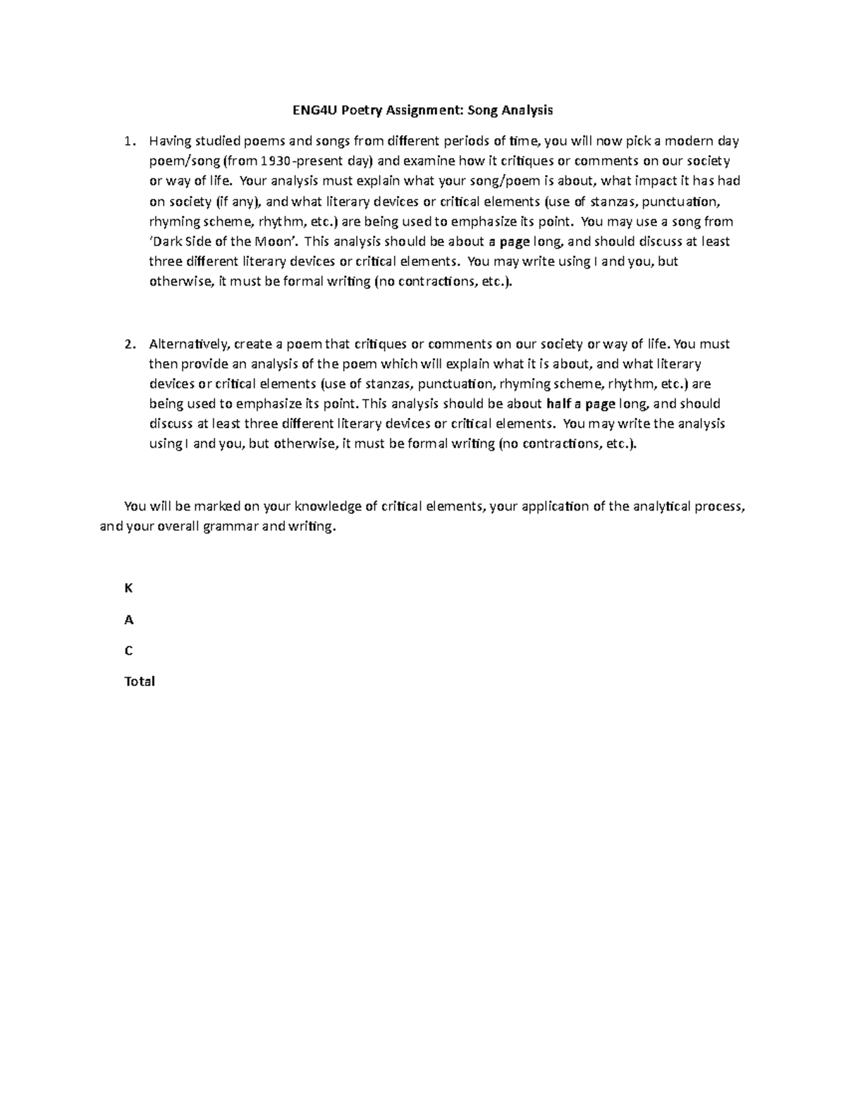 ENG4U Poetry Assignment - ENG4U Poetry Assignment: Song Analysis 1 ...