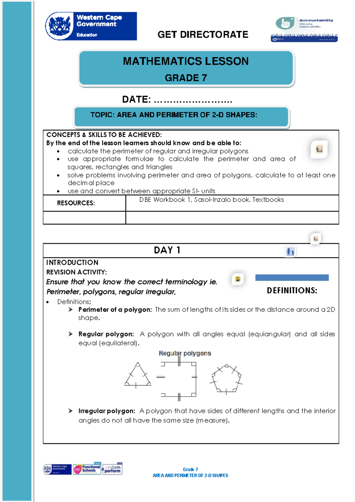 Maths Grade 7: Area and Perimeter of 2D Shapes Lesson Notes - Studocu