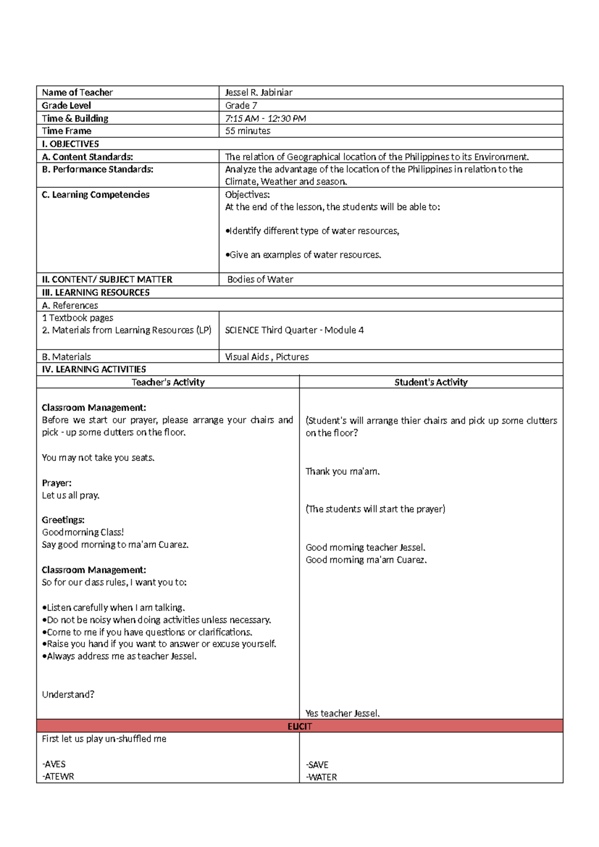 Jabiniar DLP Grade 7 Science: Water Resources Lesson Plan 7ES - Studocu