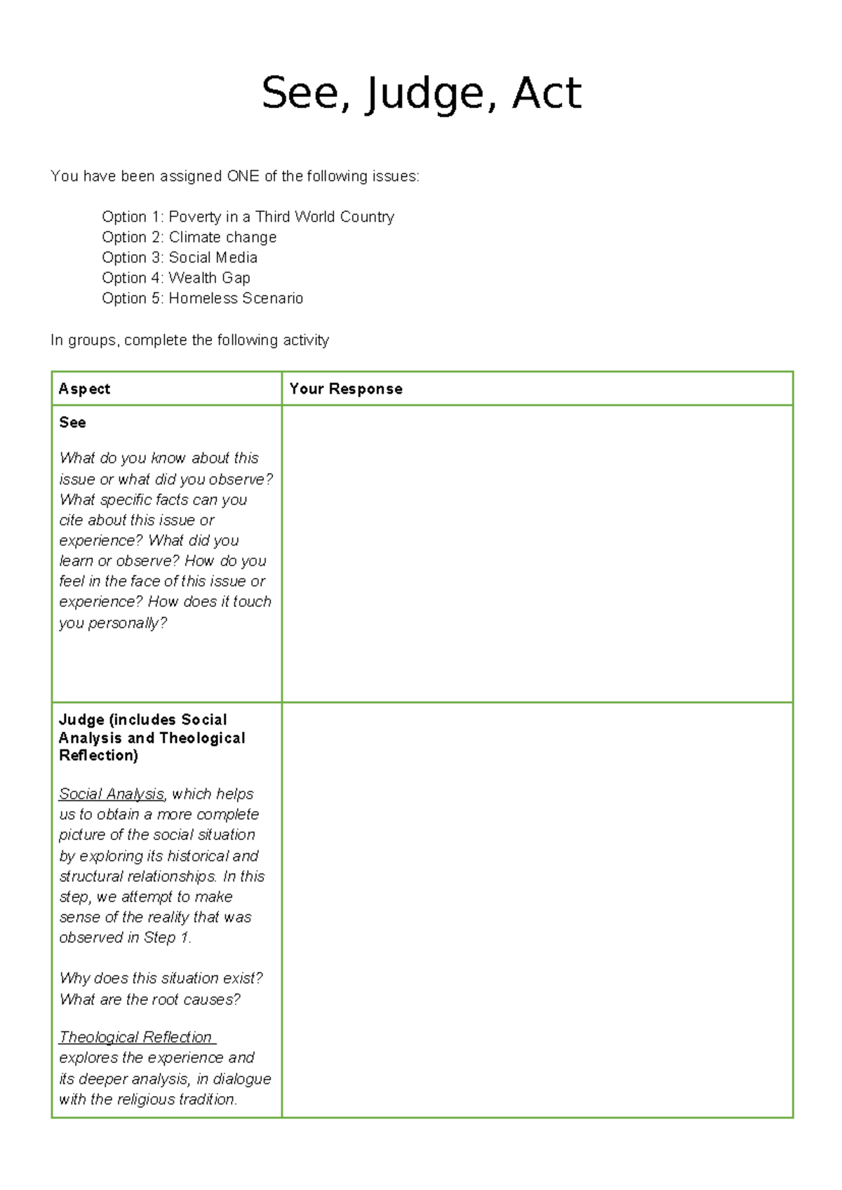 See Judge Act: Worksheet for Social Issues Analysis and Response - Studocu