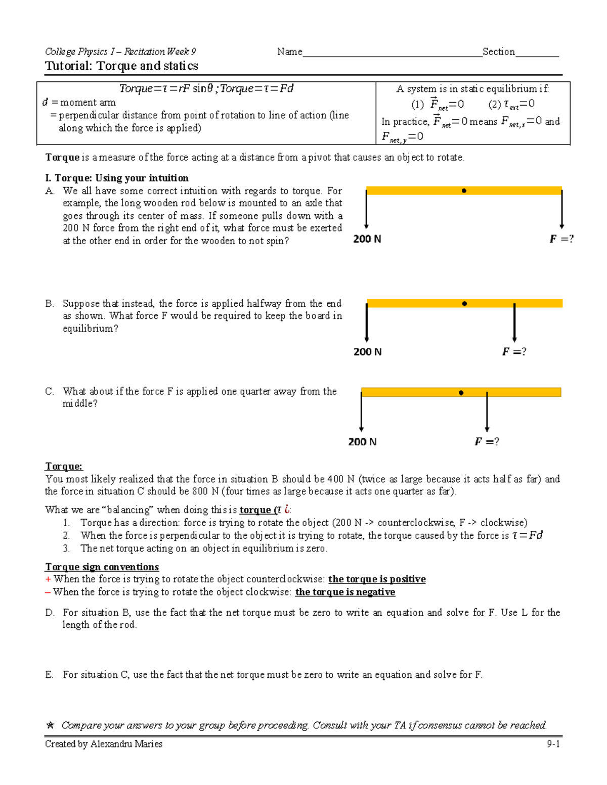 CP1 Recitation tutorial - Week 09 - Torque and statics 2 - College ...