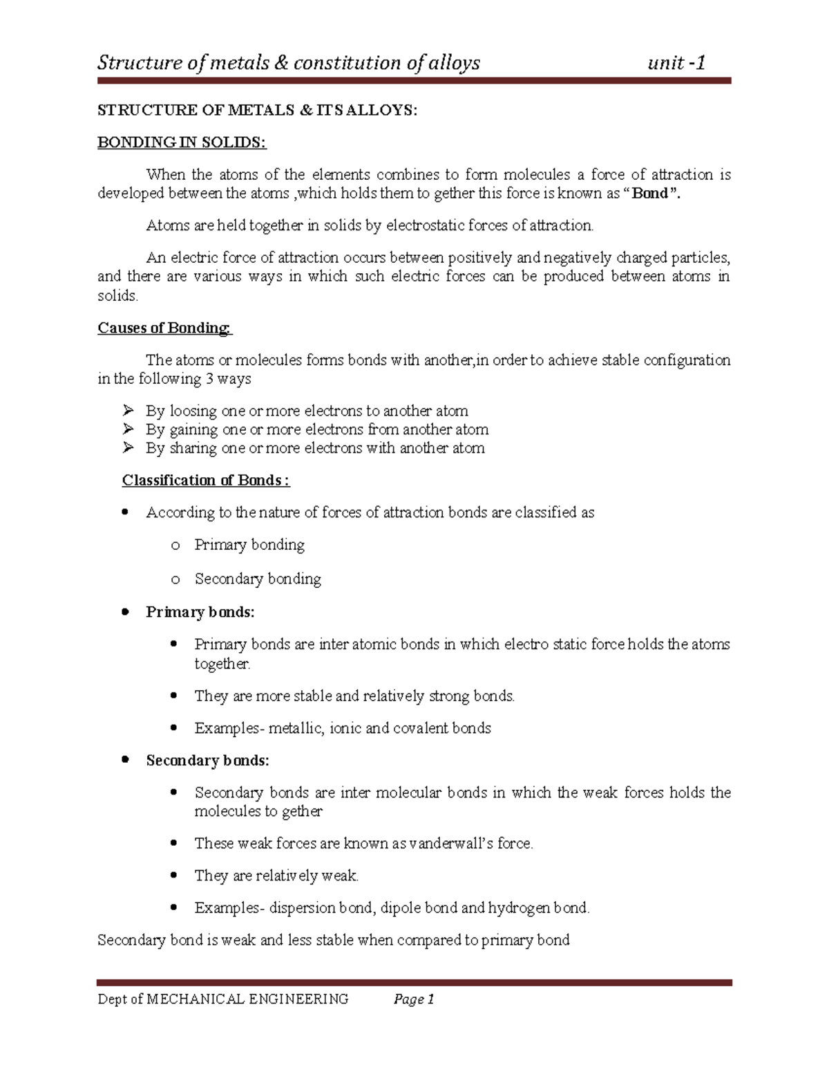 Unit 1: Structure of Metals and Alloys in Mechanical Engineering - Studocu