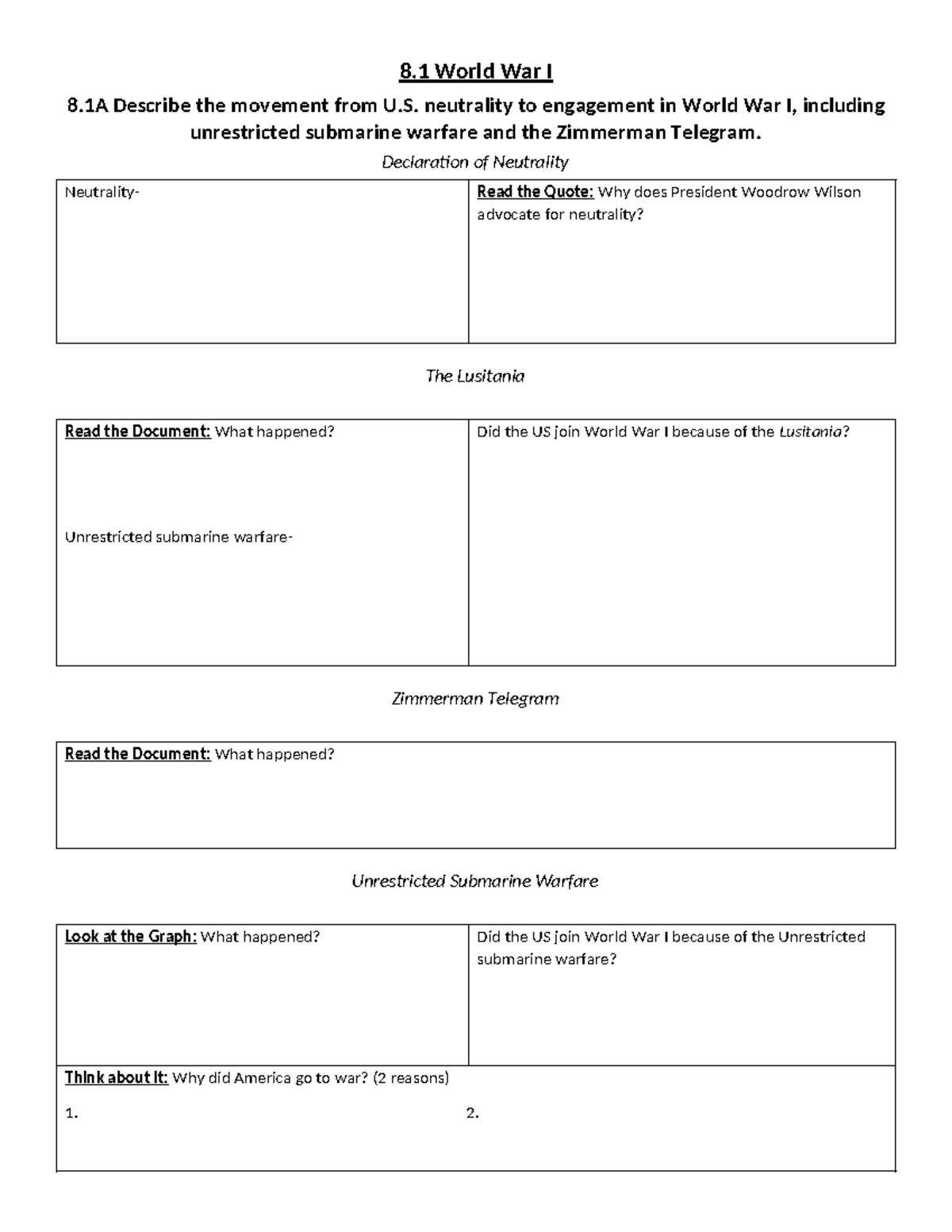 (E) Unit 8 - A notes sheet of US history - 8 World War I 8 Describe the ...