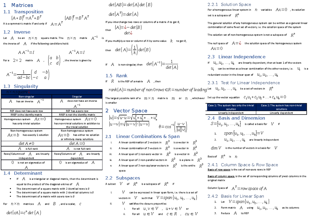 MA1513 Cheatsheet - Summary Linear Algebra with Differential Equations - 1 Matrices 1 ...
