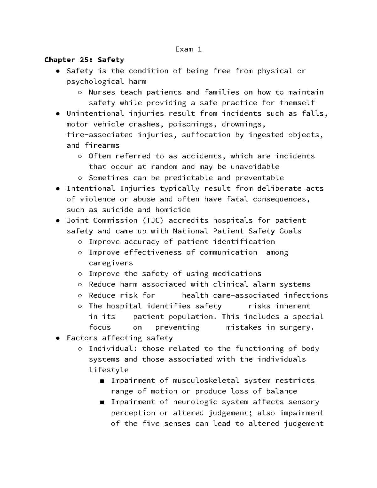 Exam 1 Review: Safety and Hygiene in Nursing Fundamentals - Studocu