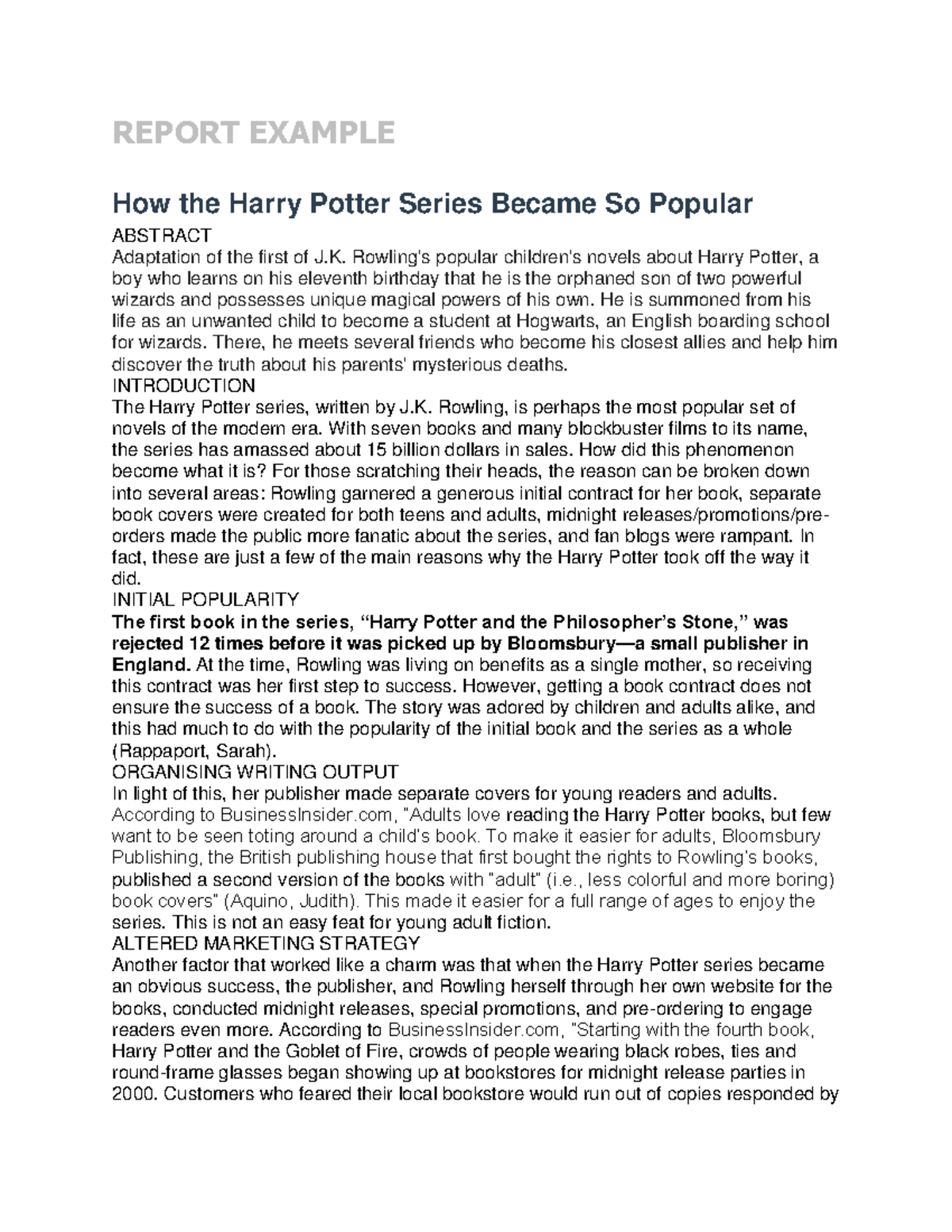 REPORT EXAMPLE: The Rise of the Harry Potter Phenomenon - Studocu
