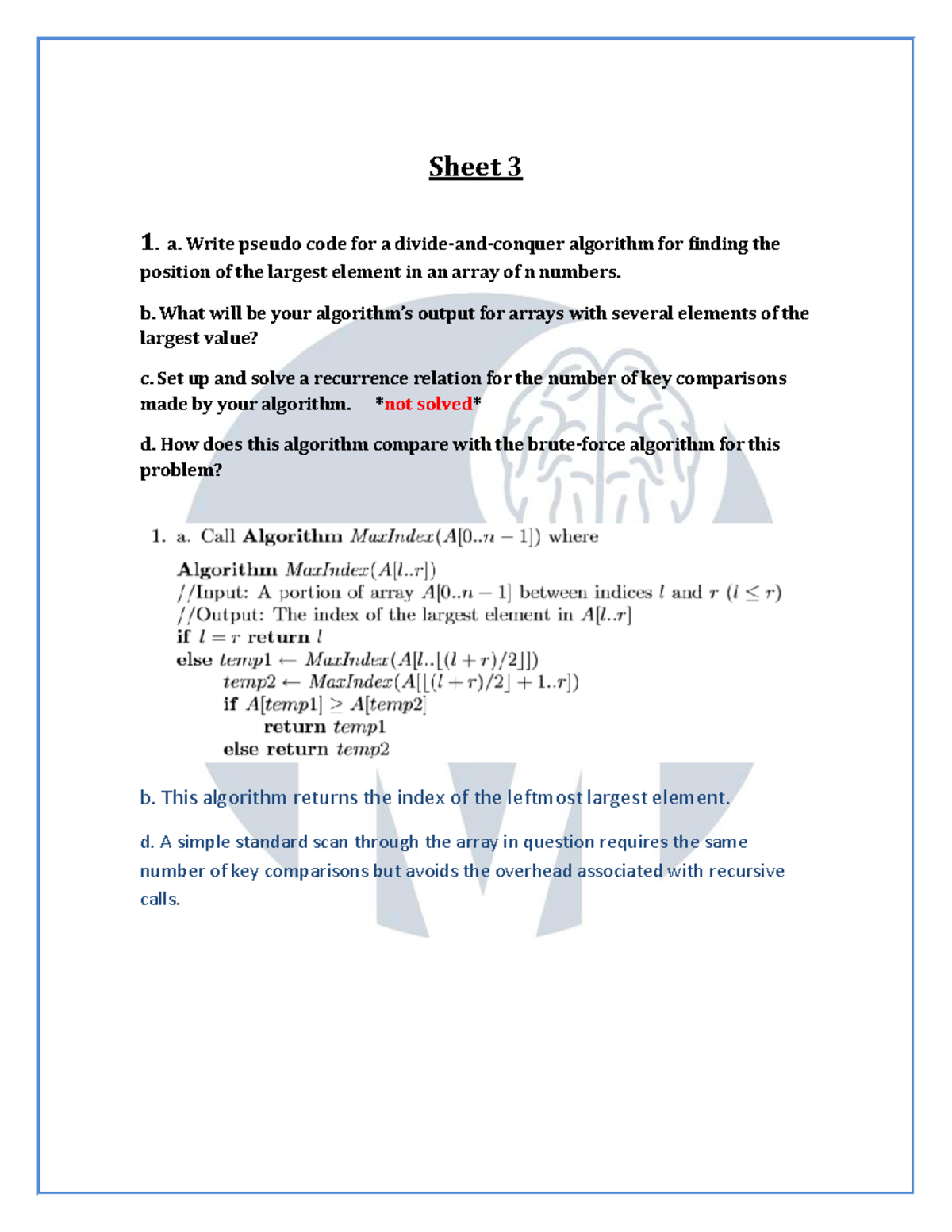 Algorithm Sheet 3-1 - Sheet 3 1. a. Write pseudo code for a divide-and-conquer algorithm for ...