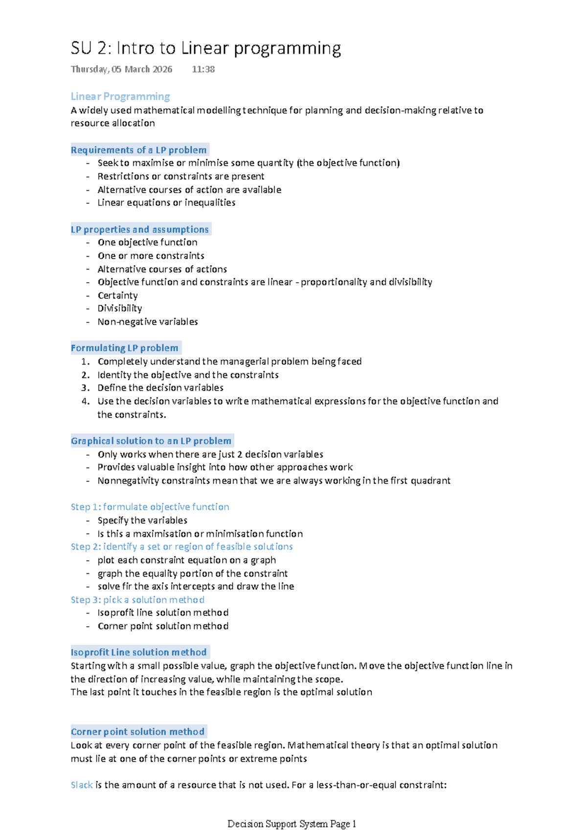 SU 2: Linear Programming Overview and Problem Formulation - Studocu