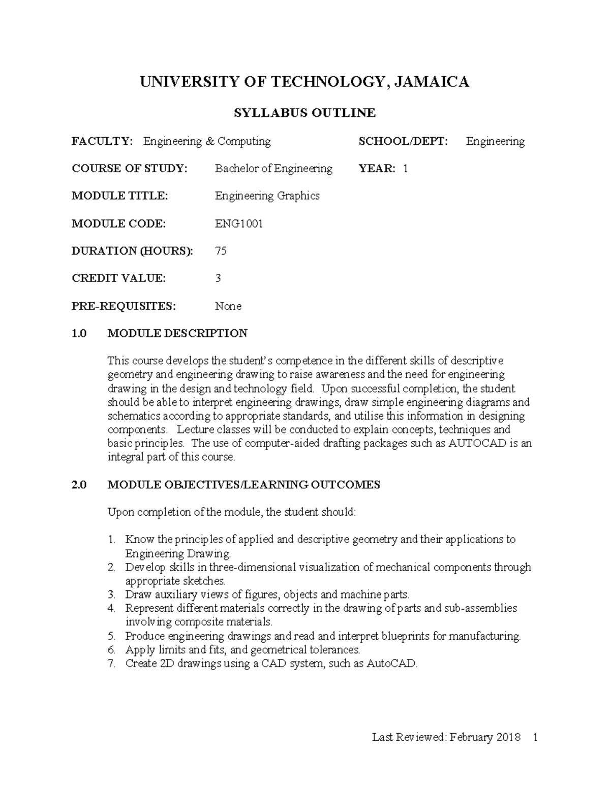 Syllabus ENG1001: Engineering Graphics Overview and Outcomes - Studocu