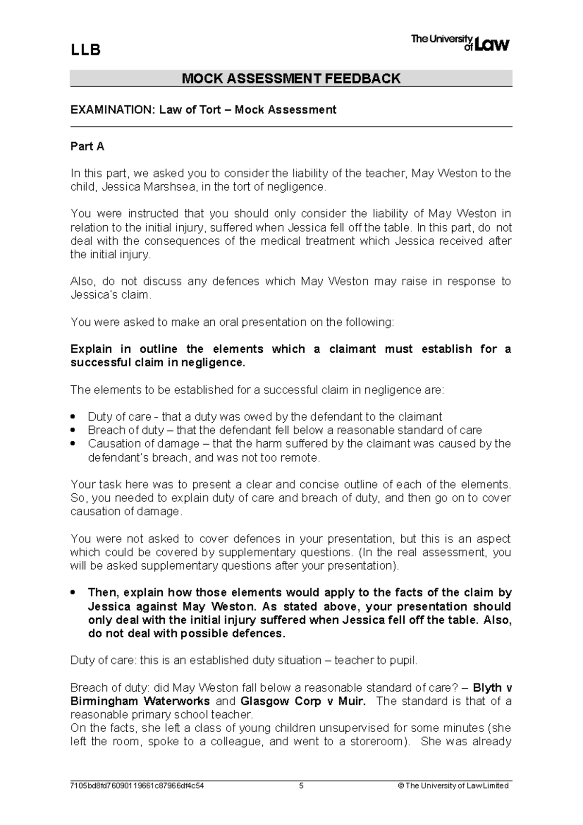 TORT101 Mock Assessment Feedback: Liability in Negligence Cases - Studocu