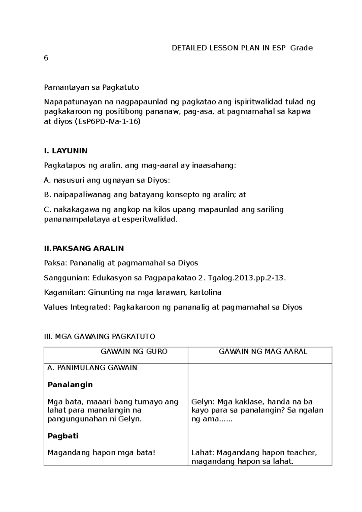 Detalyadong Lesson Plan sa ESP Grade 6: Pananalig at Pagmamahal - Studocu