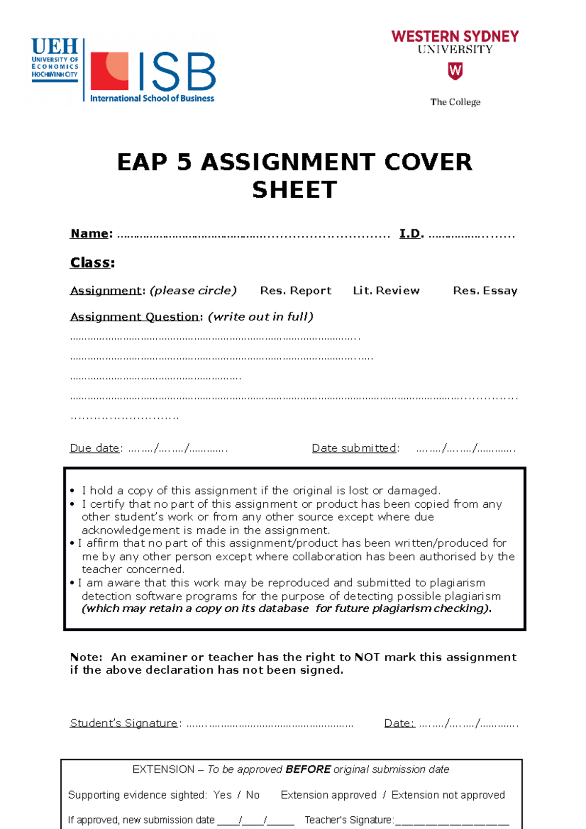 EAP 5 Assignment Cover Sheet - EAP 5 ASSIGNMENT COVER SHEET Name: - Studocu