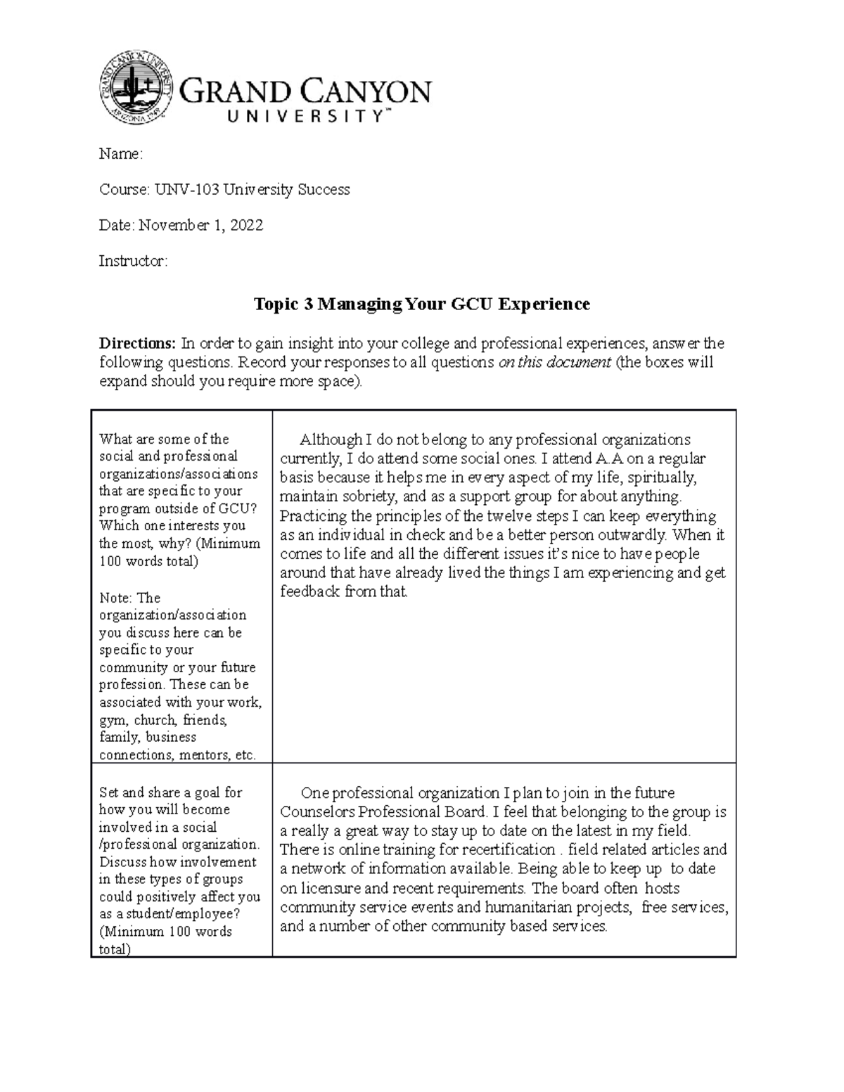 UNV-103-RS-T3 Your GCUExperience Online - Name: Course: UNV-103 ...