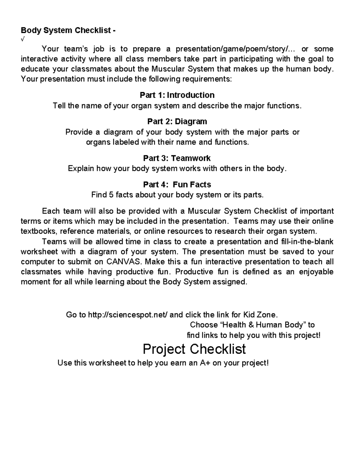 Muscular System Project Checklist for Interactive Presentation - Studocu